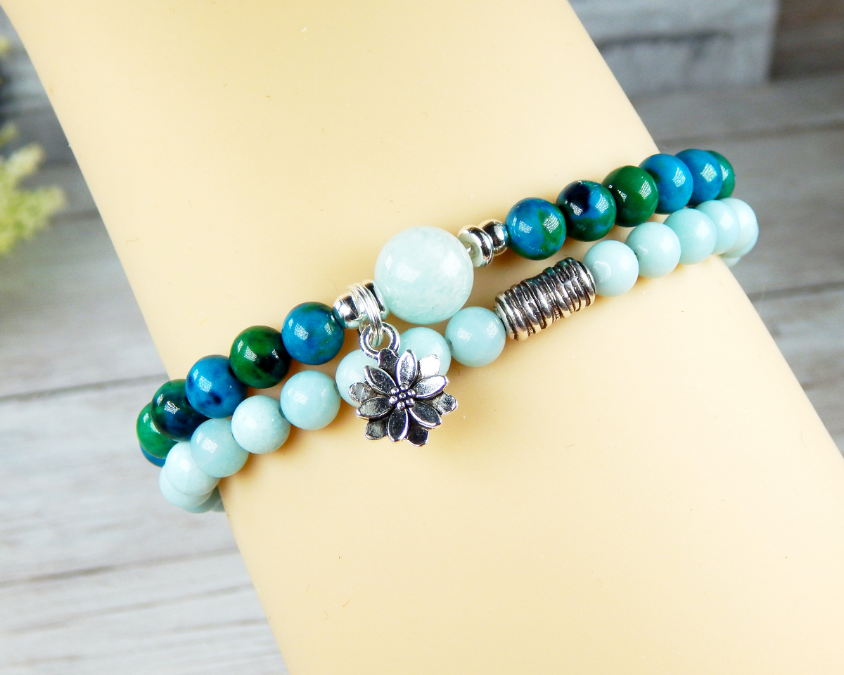 Amazonite Bracelet with Lotus Flower Charm - Set of 2 Stacking Bracele ...