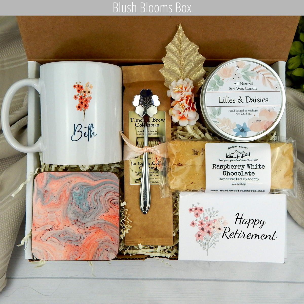Personalized Retirement Gift Box with Mug and Coffee Items – Blue Stone ...