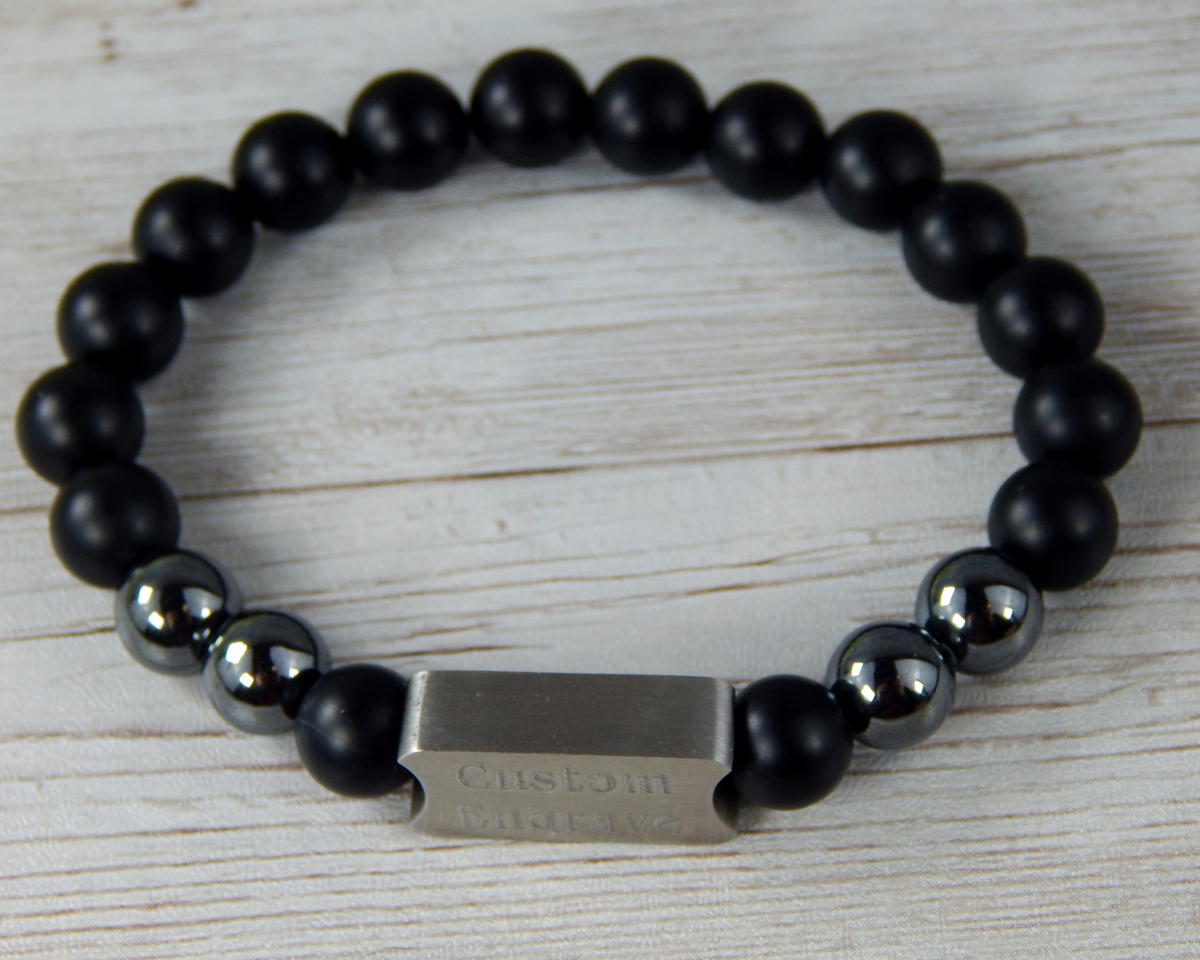 Mens Engraved Black Beaded Bracelet - Personalized Jewelry for Men ...