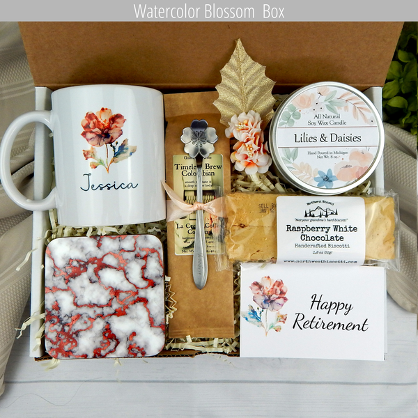 Personalized Retirement Gift Box with Mug and Coffee Items – Blue Stone ...